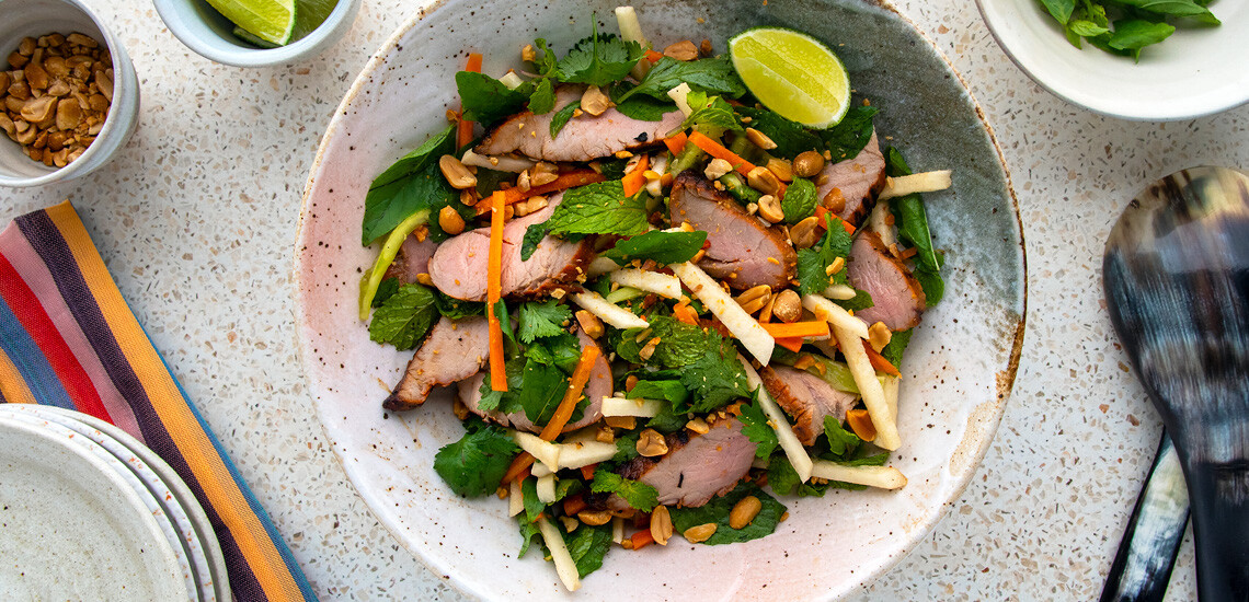 Pork Salad Recipe with Yam Beans and Southeast Asian Herbs