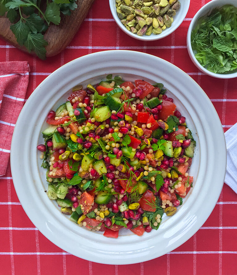 Pearl Couscous Salad Recipe with Pomegranate, Pistachios, Herbs