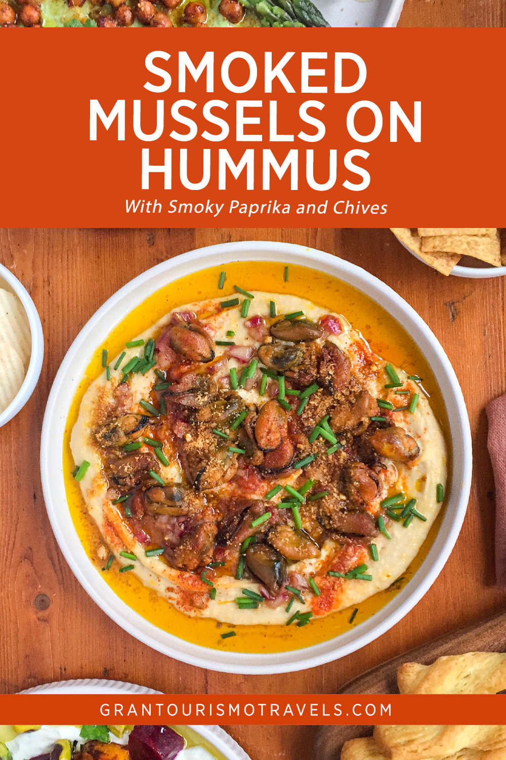 Smoked Mussels on Hummus with Smoky Paprika and Chives